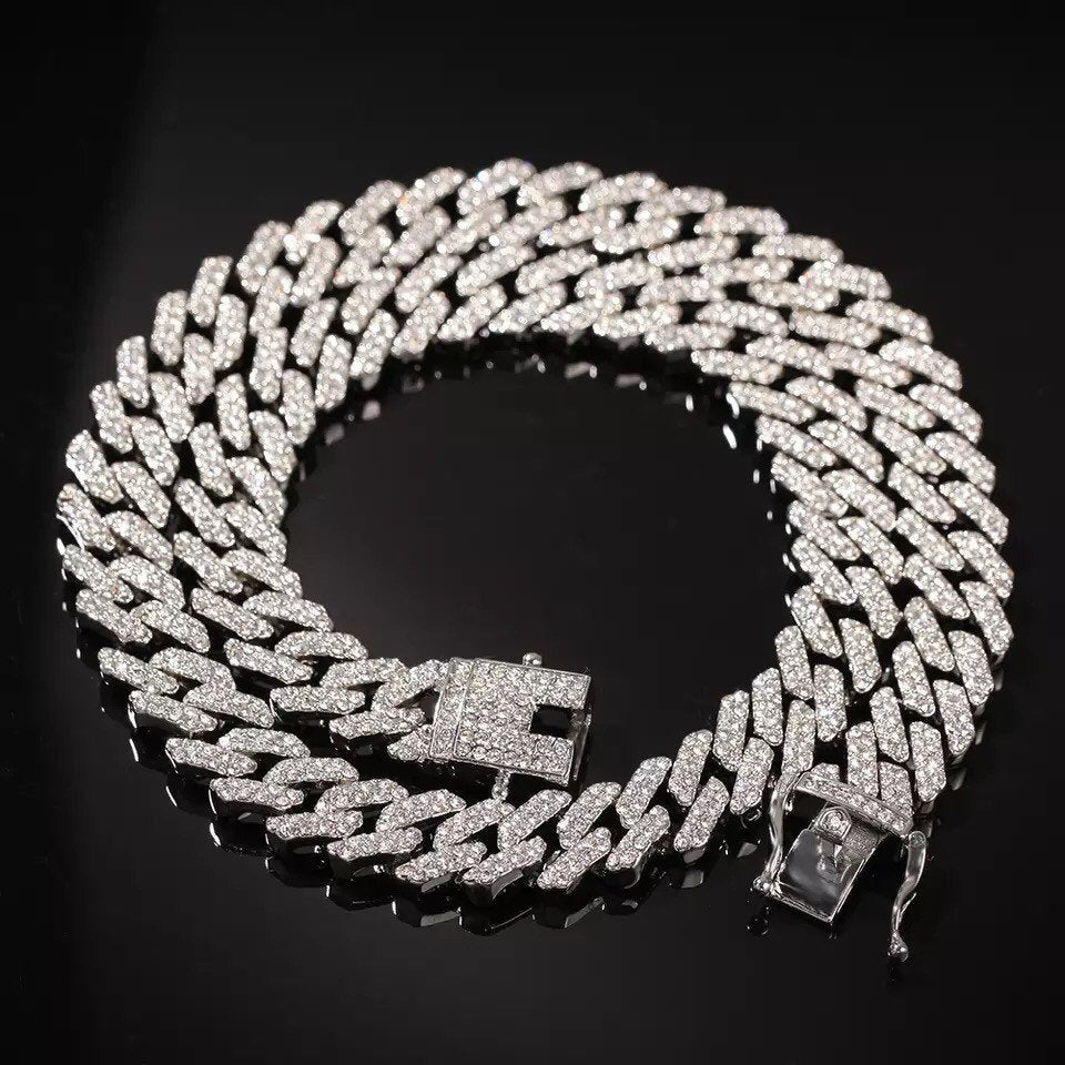 Silver cuban chain necklace, blinged iced cuban necklace , Micro Paved ...