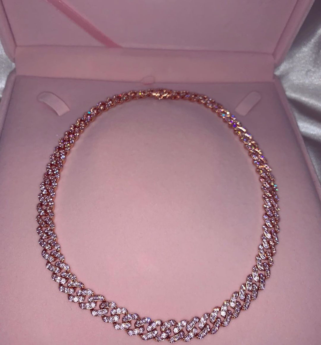 2 piece SET 9MM Mini Pink and rosegold miami cuban link chain , pink b ...